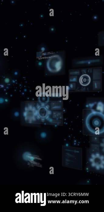 Animation of glowing blue spots of light over round scanners and data ...