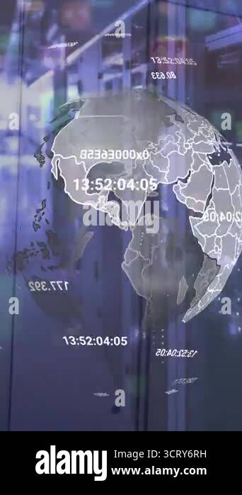Animation of spinning globe, data processing and spots of light against ...