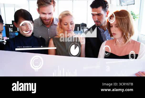 Project team gesturing over chart initiating pie, line and circular progress animating for ...