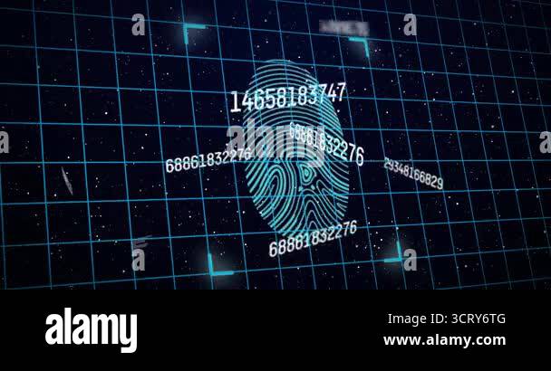 Animation of finger print and grid over dark background. global ...