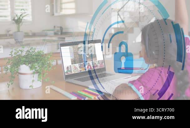 School-age girl putting on headset, starting online lesson at table with circuit padlock overlay ...