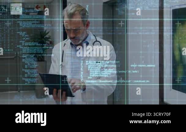 Physician tapping tablet reviewing medical data animated code panels ...