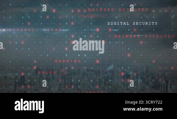 Animation of cyber attack warning over cityscape. global technology and ...