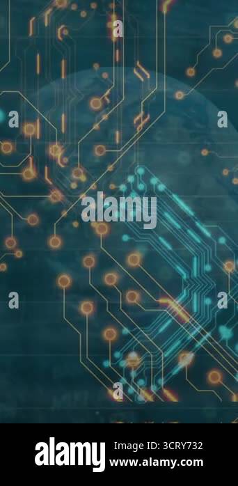 Animation of illuminated circuit board pattern and rotating globe over abstract background ...