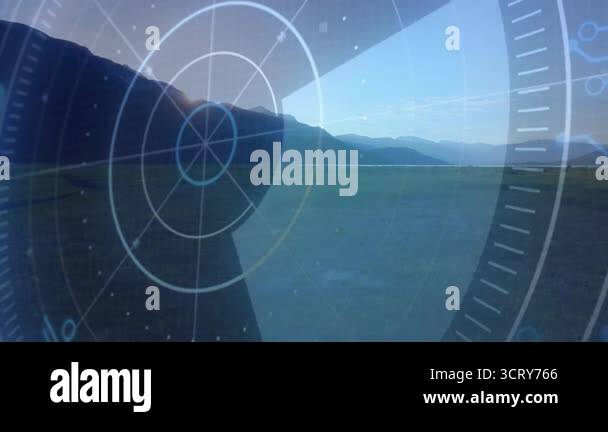 On load HUD overlay rotating scanning arc across mountain ridge and ...