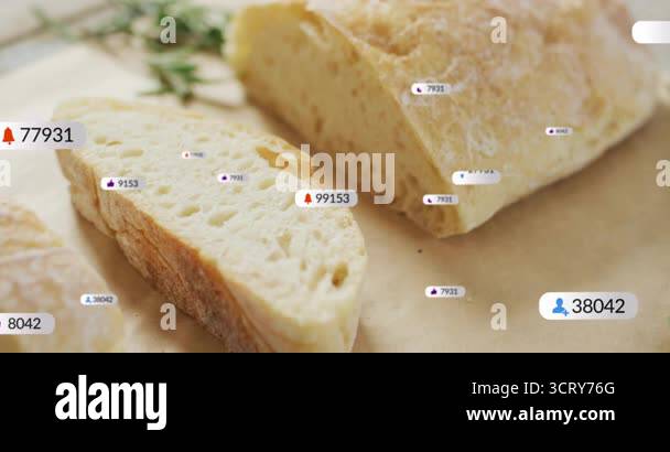 On notification, digital labels floating, sliding and fading over bread ...