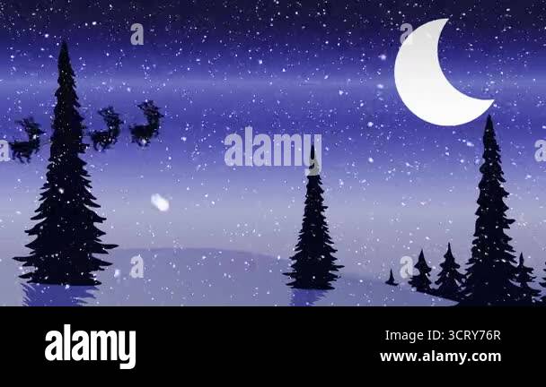 Animation of santa sleigh and snow falling in night winter landscape ...