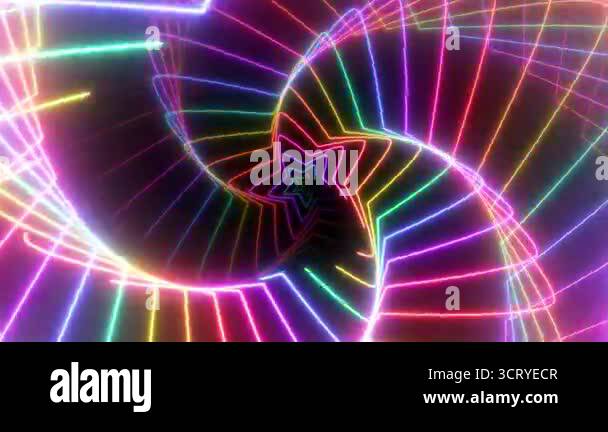 Neon star shapes spiral dynamically, creating a vibrant, colorful ...