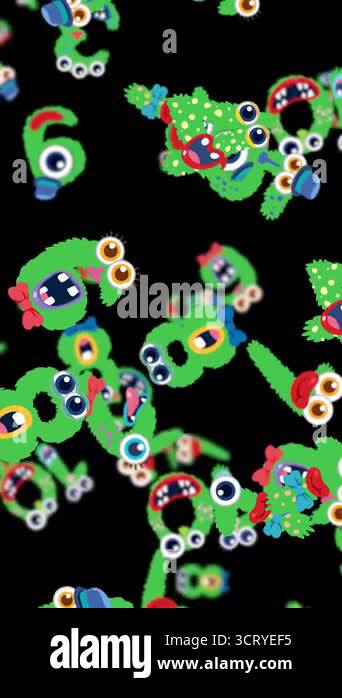 Colorful green monsters with expressive faces move dynamically against ...