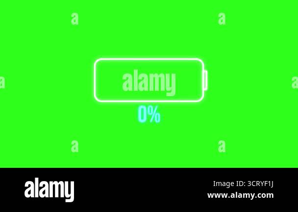 Animation of a battery icon filling from 0% to 100% on a vibrant green ...