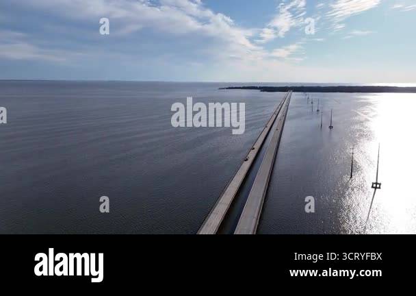 Aerial view of a straight Wright Memorial bridge crossing a tranquil ...