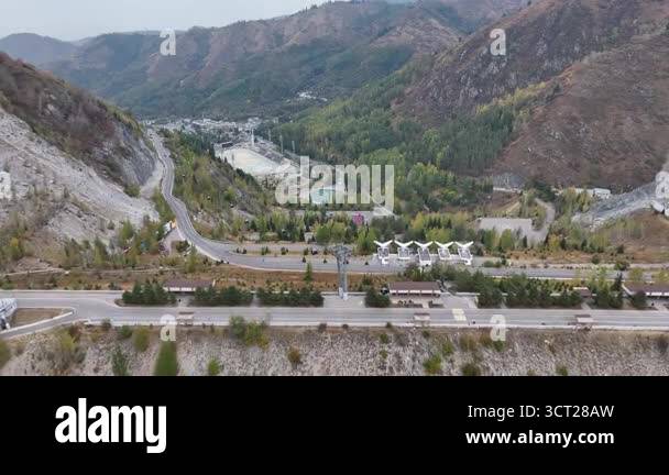 An aerial view of the mudflow-protecting dam in Almaty, Kazakhstan ...