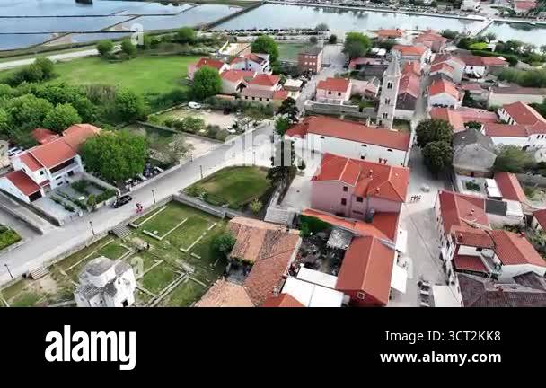 Historic coastal town Nin captured by drone in spring. Old town Nin ...