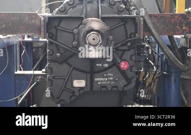 Allison transmission on test stand or test bench, showing output flange ...