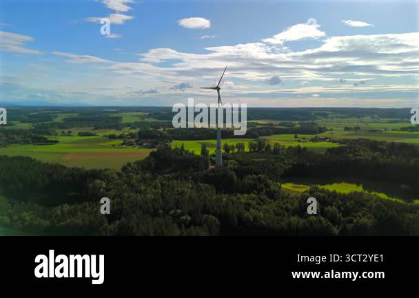 Aerial view of wind turbine in Bavaria, Ebersberg region, Germany ...