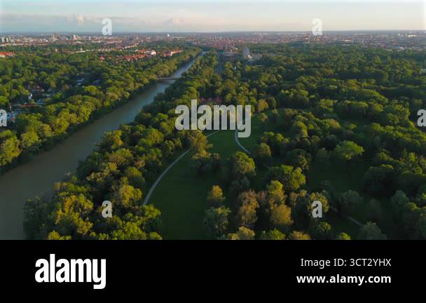 Aerial view of the Isar River in Munich, Germany, during summer. The ...