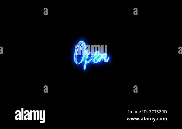 Glowing neon text Open icon animation. Concept video in a cyan neon ...