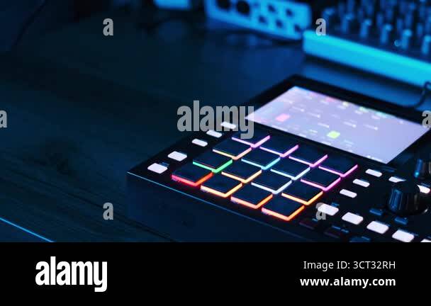 A static wide shot captures a red beatmaker on a wooden desk ...