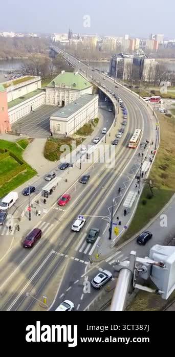 Aerial panoramic view of historical buildings and roofs in Polish medieval town Warsaw. Aerial ...
