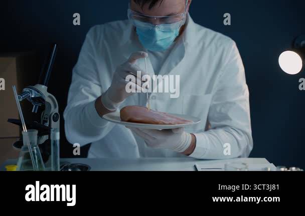 Genetically modified meat. GMO food concept. Genetic injection. Food scientist injecting raw ...