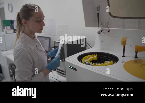 Operator lab assistant woman. Laboratory technician test blood in ...