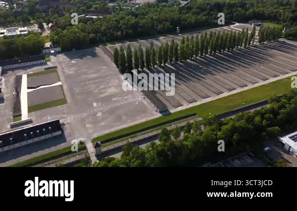 Memorial path panorama in Dachau, Germany, international Mahnmal aerial ...