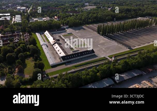 WWII concentration camp memorial drone view in Dachau, Germany, NS ...