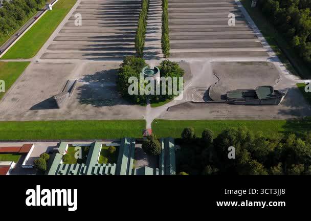 WWII concentration camp memorial drone view in Dachau, Germany, NS ...