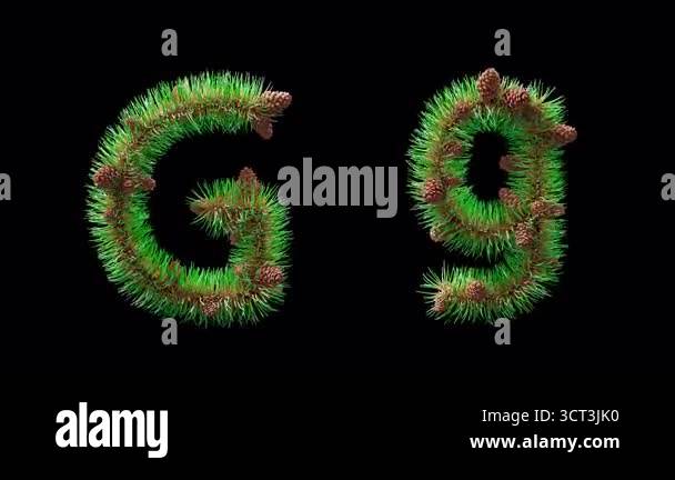 3D animation of uppercase and lowercase letter G made from pine needles ...