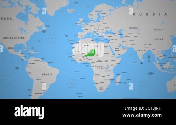Niger Country Highlighted on World Map 2D Animation West Africa. High ...