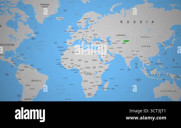 Kyrgyzstan Country Shown on World Map 2D Animation Central Asia. High ...