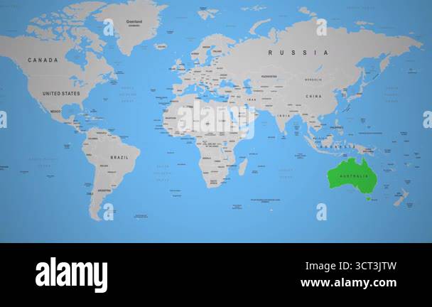 Australia Highlighted on World Map 2D Animation with Borders. High ...