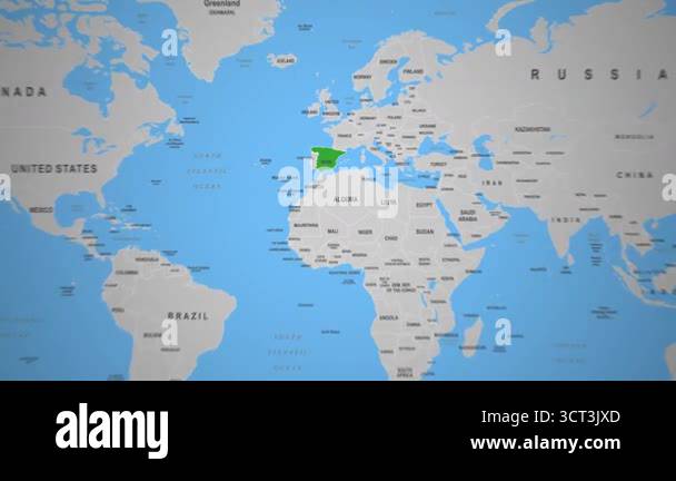Spain Country Displayed on World Map 2D Animation Southern Europe. High quality 4k footage Stock ...