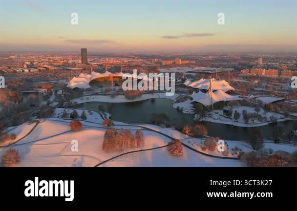 Aerial view of Munichs Olympic Park Bavaria Germany blanketed in snow ...