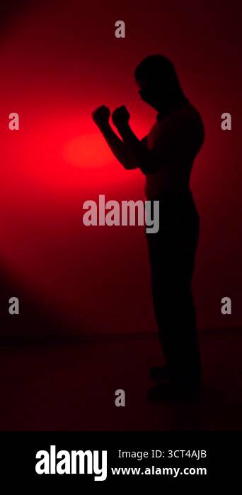 Vertical video man in silhouette standing with fists up in a fighting ...