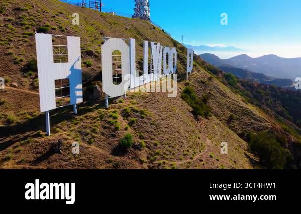 Aerial close-up view of the iconic Hollywood Sign from behind, located ...