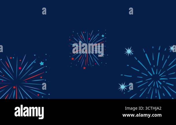 Dynamic fireworks animation with blue and red bursts on a dark blue ...