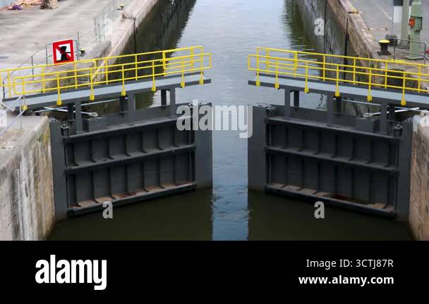 Water sluice lock gate on Main River Cargo vessel inland navigation in ...
