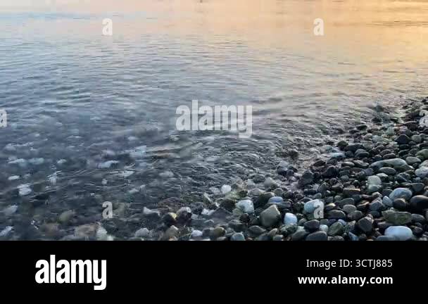 Small morning sea waves washing pebble shore at sunrise in calm weather ...