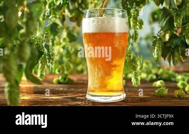 Super Slow Motion Closeup of Pouring Fresh Beer Surrounded by Green ...