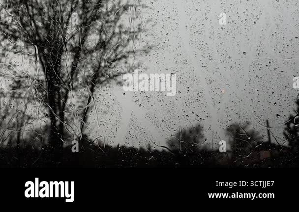 Rain falling outdoors with wet surface reflections. Moody weather ...