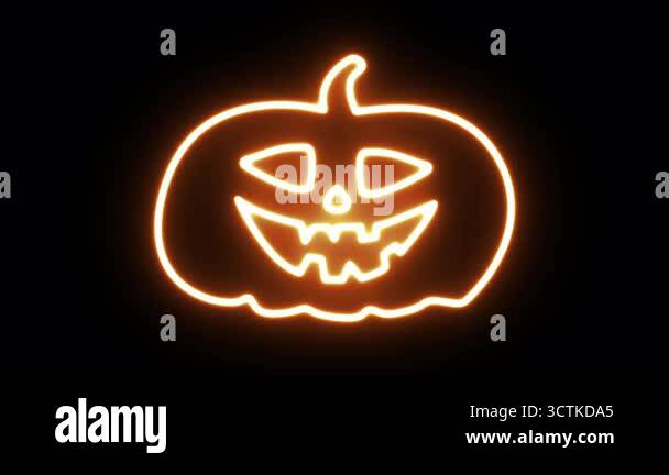 Loop neon glowing halloween pumpkin animation. 4k illuminated spooky jack o lantern pumpkin on ...