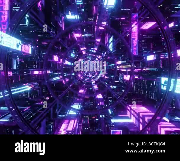 Futuristic neon city tunnel loop animation with glowing lights and ...