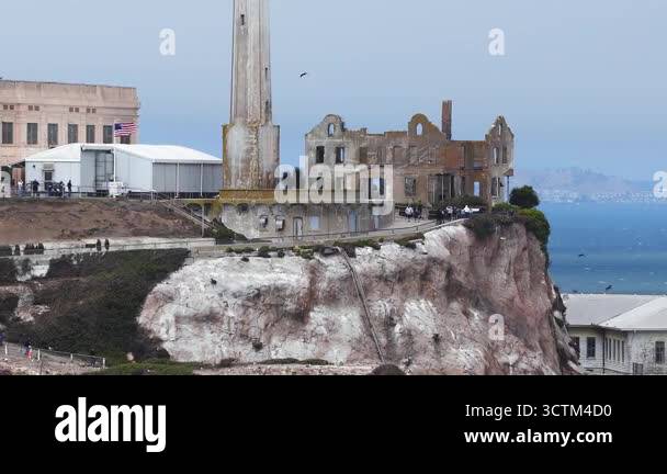 Alcatraz Island in San Francisco shows the prison building, lighthouse ...