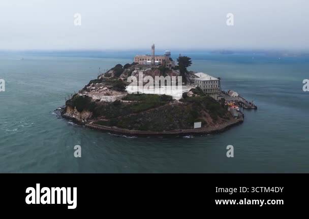 Aerial view of Alcatraz Island with its prison, lighthouse, and ...