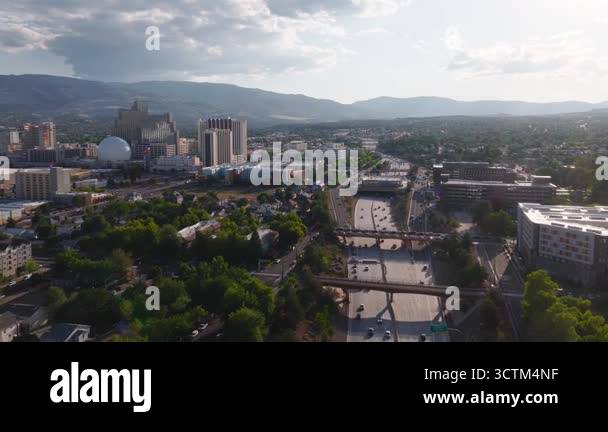 Aerial view of Reno, Nevada, during sunset, featuring the casino ...