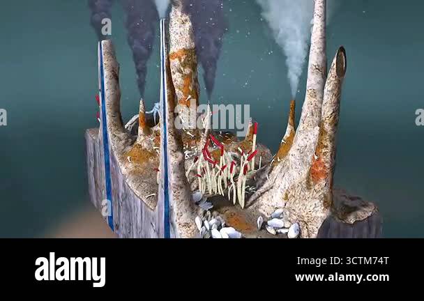 3D animation of deep-sea hydrothermal vents showing vent chimneys ...
