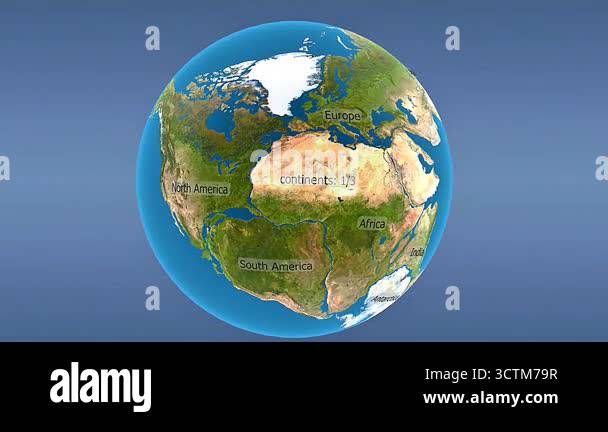 3D animation of Earth showing all 7 continents and 5 oceans with ...