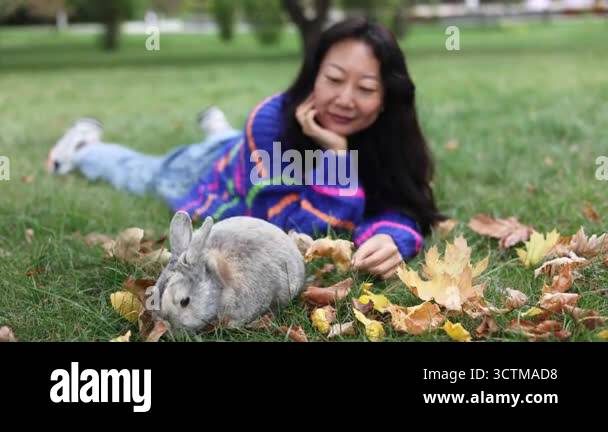 Adorable young rabbit and woman sit together outdoor in autumn forest ...