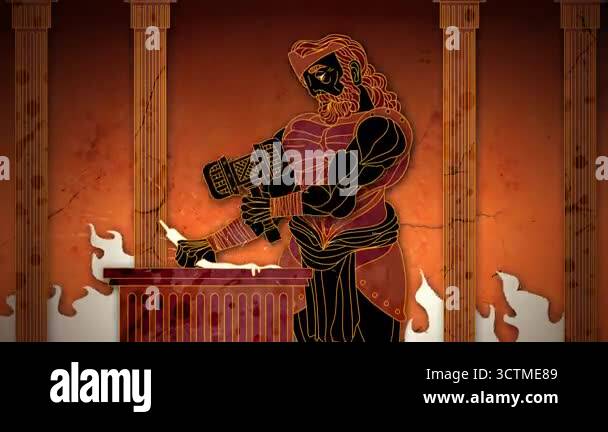 hephaestus in the forge with hammer and burning iron Stock Video ...